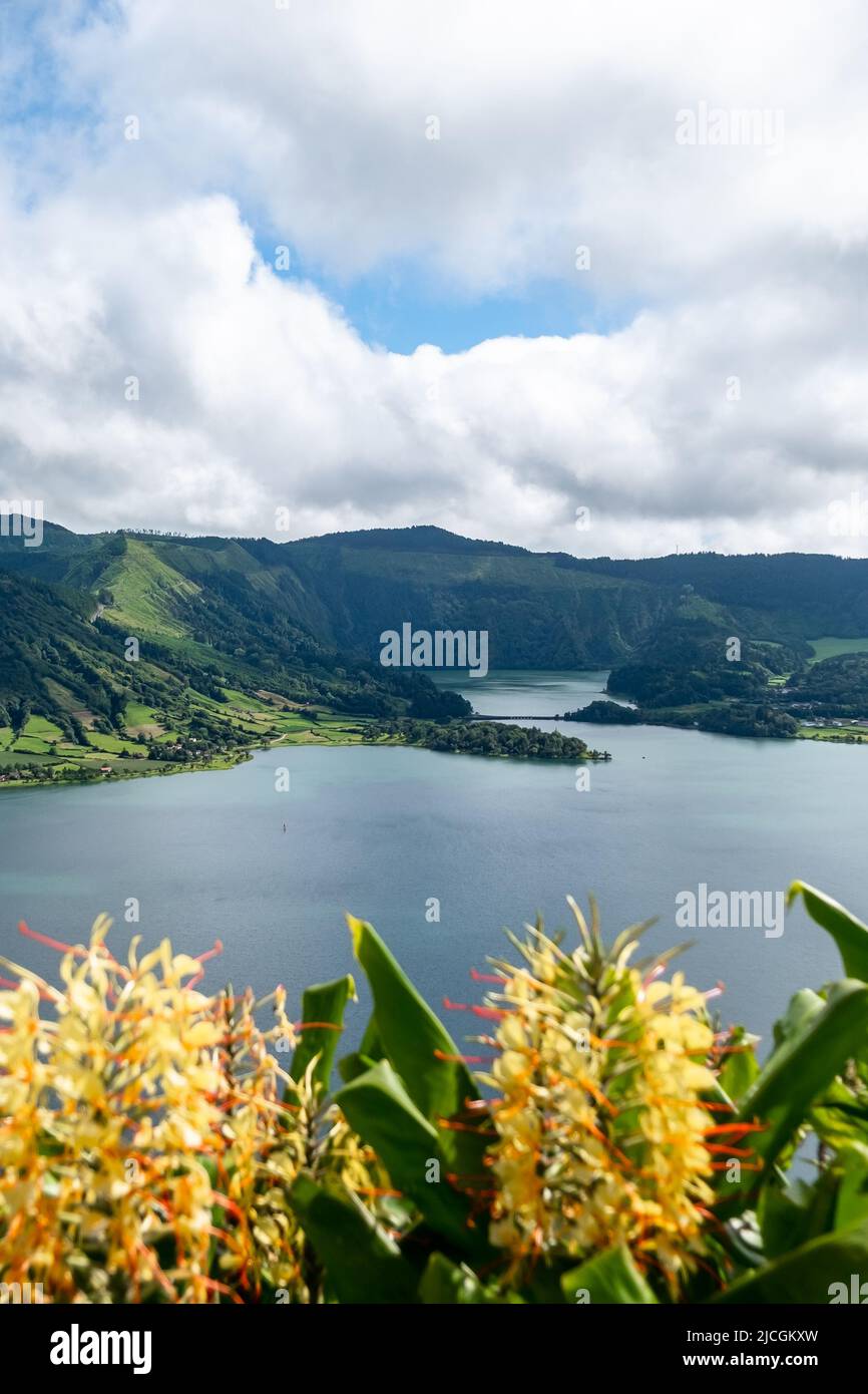 View to Sete Cidades Lake - " Lagoa das Sete Cidades ", whit Yellow ...