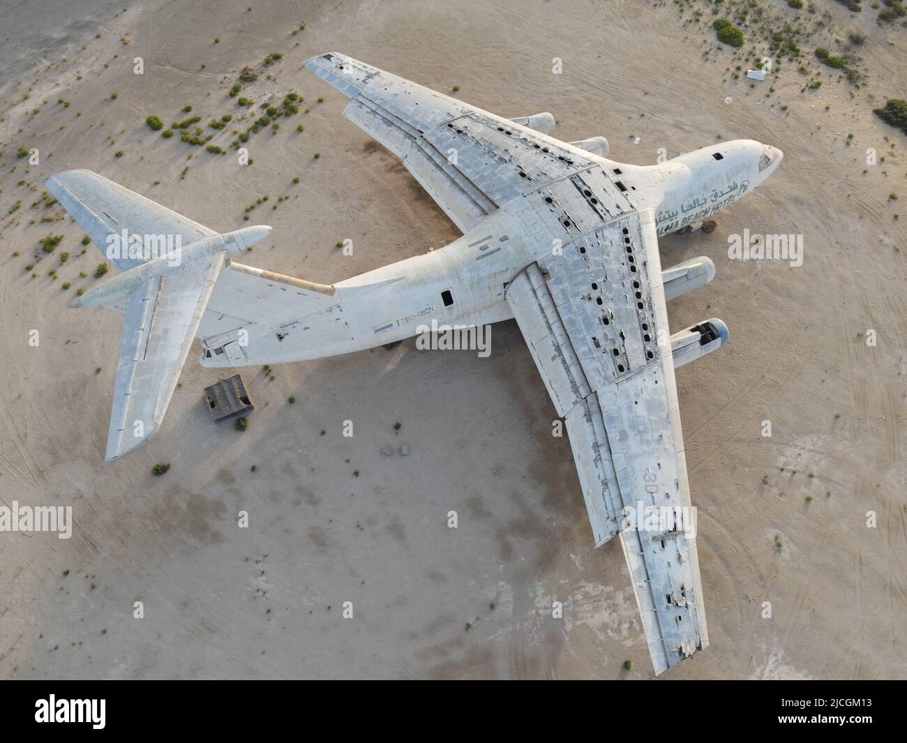 The aerial drone view of the abandoned Ilyushin Il-76 in Umm al Quwain ...