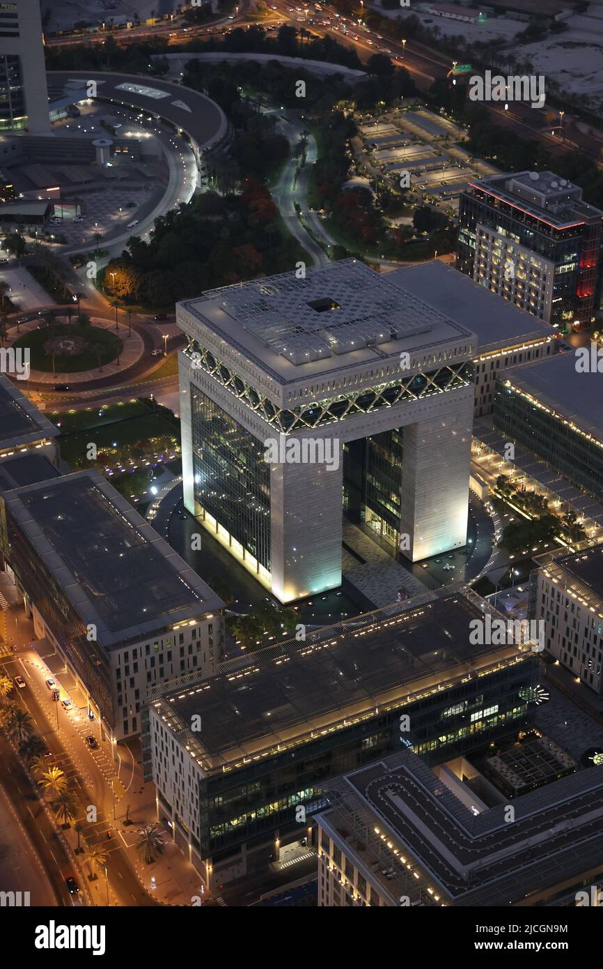 Night view on Sheikh Zayed Road, Dubai, UAE, birds eye view Stock Photo ...