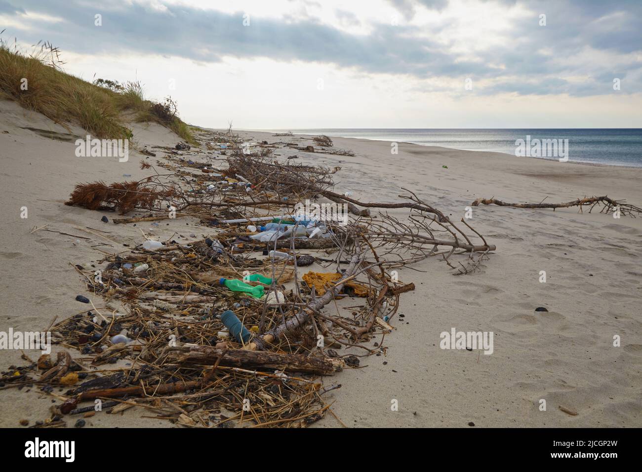 Trash and plastic bottles on the beach. The garbage thrown out by a ...