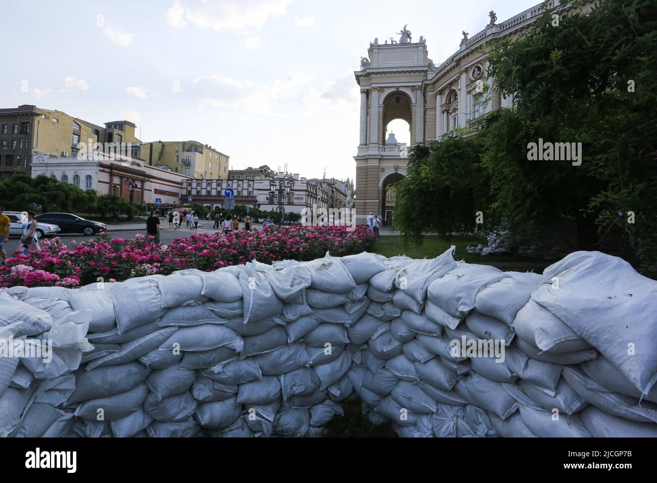 Odessa, Ukraine. 12th June, 2022. The flowering of roses and barricades ...