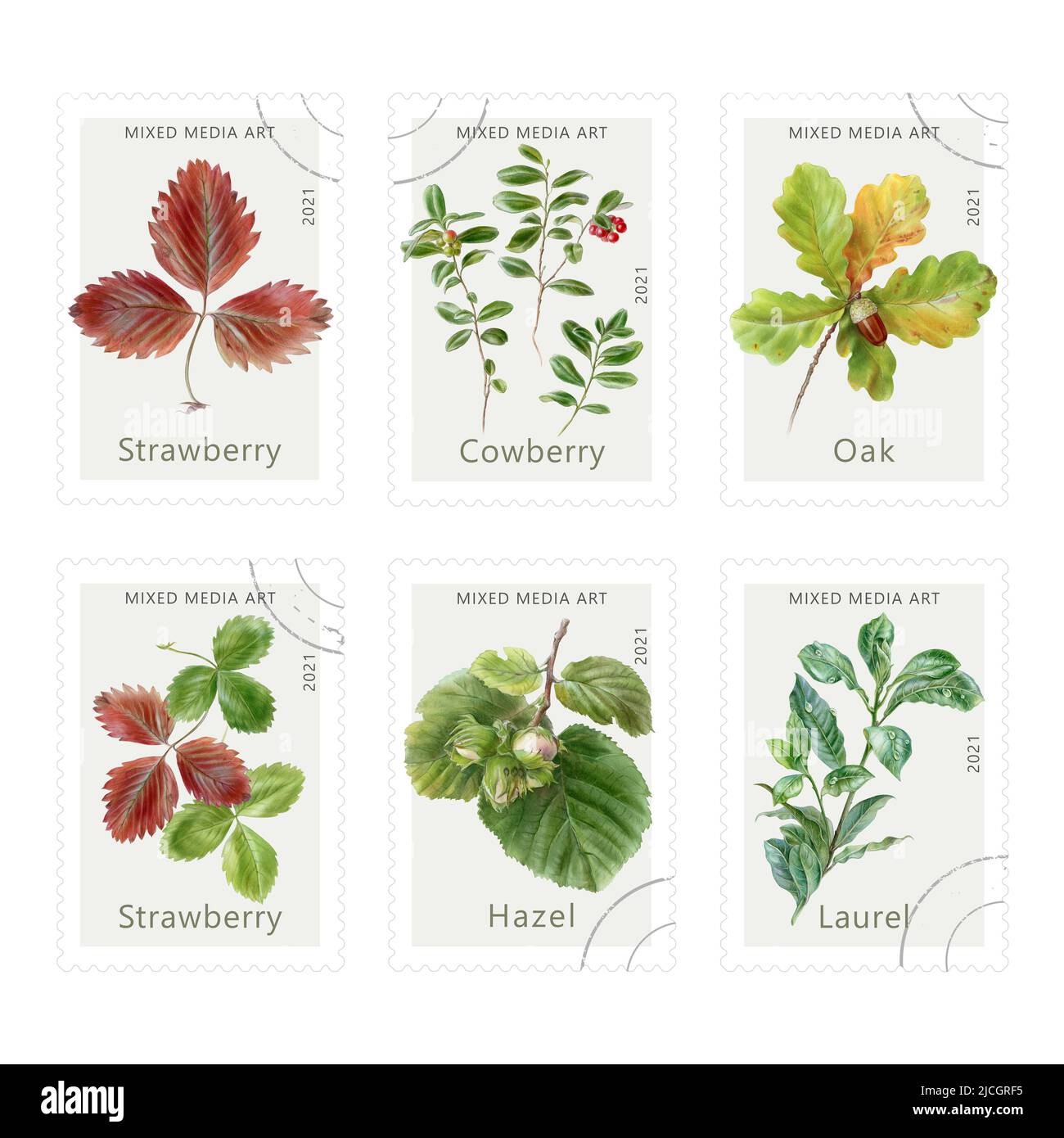 Set of postage stamps with botanical illustrations. High quality ...