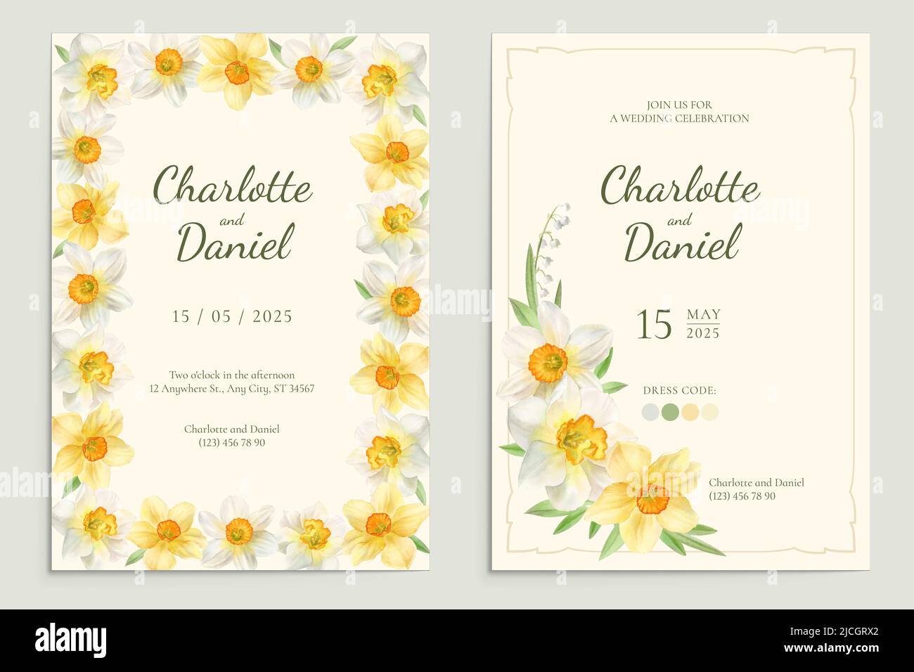 Wedding invitation with yellow daffodils, template, vector illustration ...
