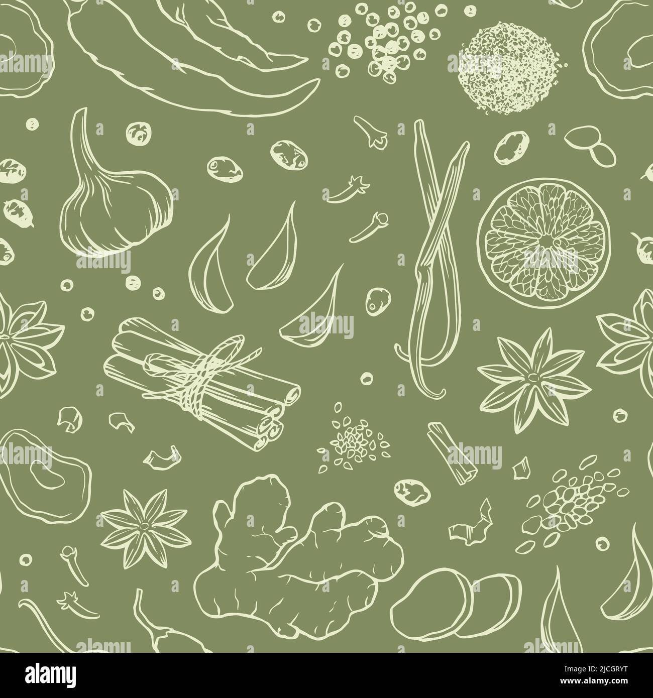 Vector pattern, spices and seasonings, line art on an olive background ...