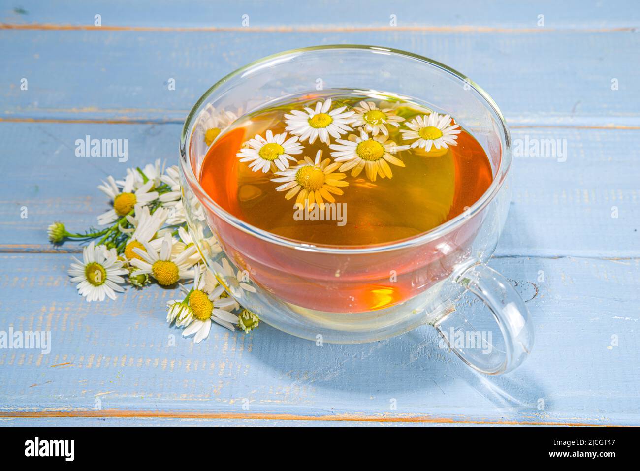 Cup of brewed chamomile tea with bouquet of chamomile daisy, blue ...