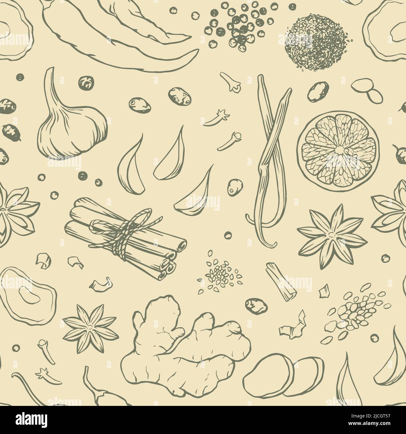 Vector pattern, spices and seasonings, line art on a beige background ...