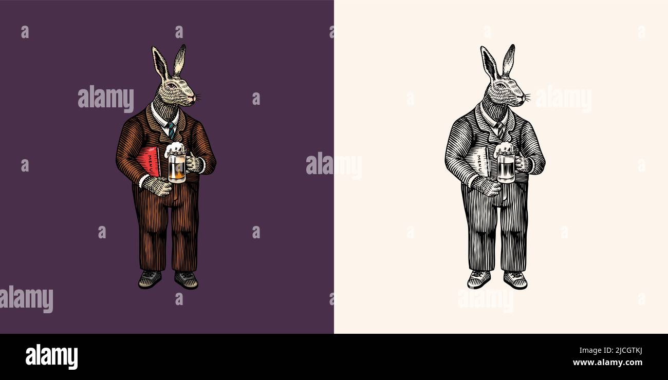 A hare man in a suit with a glass of beer. Rabbit or bunny. Fashion ...
