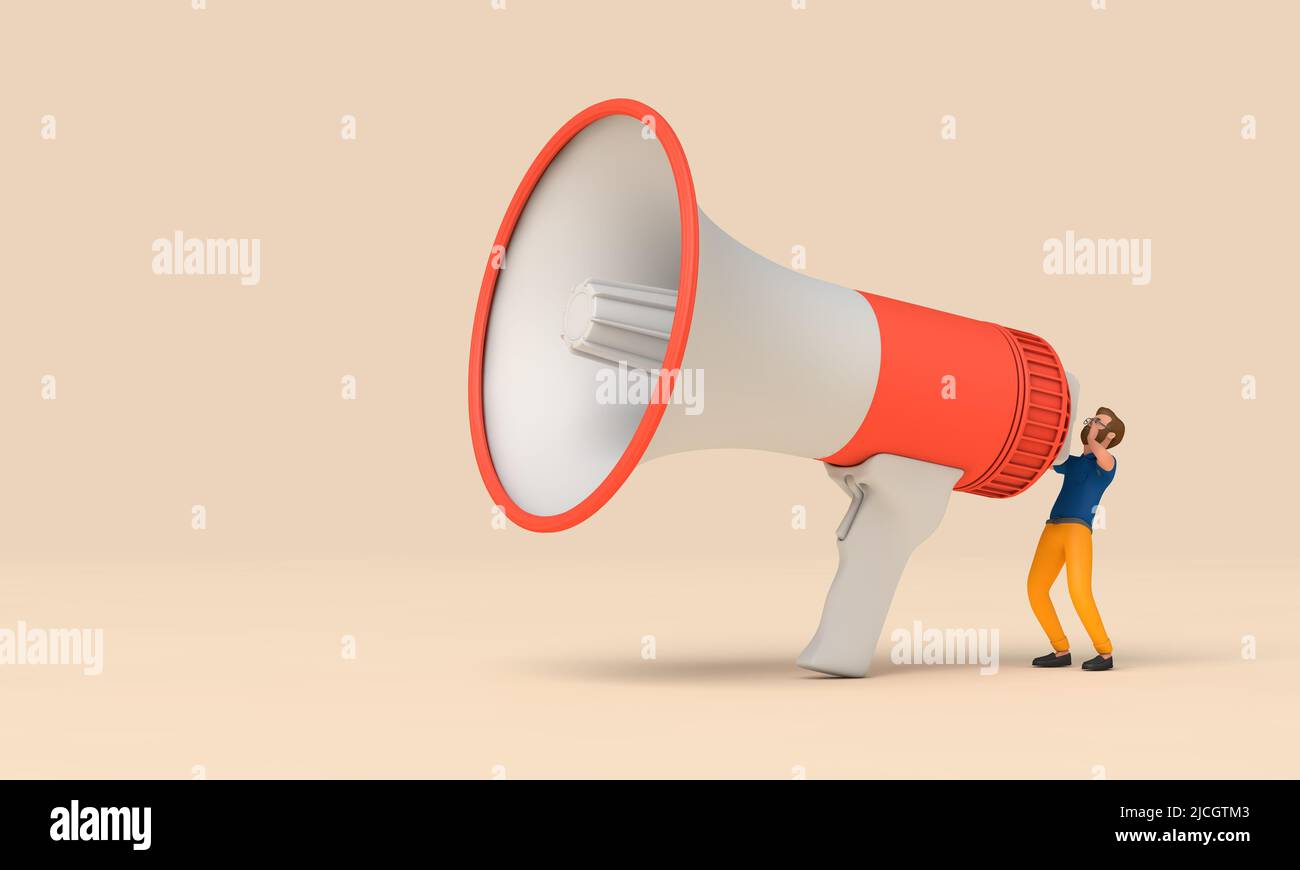 Male character using a megaphone. Business announcement. 3D Rendering ...