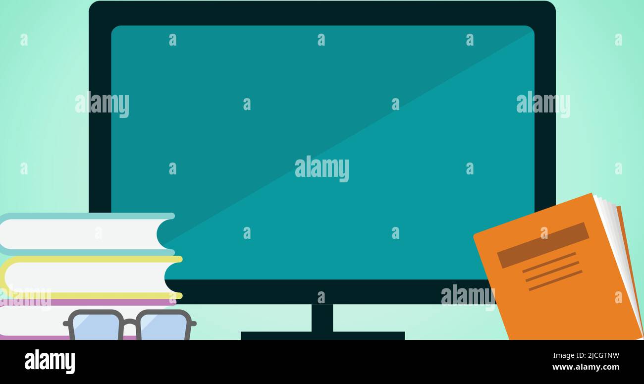 Illustration of desktop computer with eyeglasses and colorful books on ...
