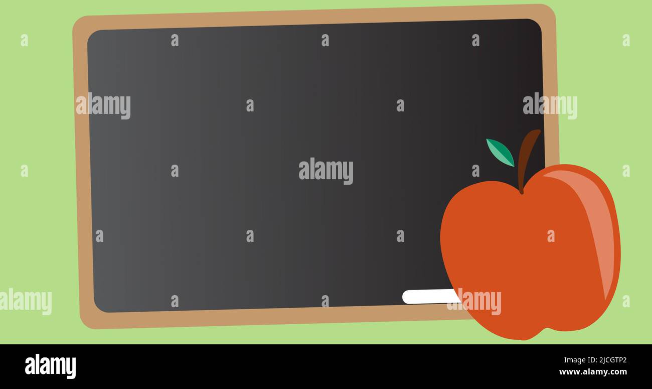 Illustrative image of apple with writing slate and chalk against green ...