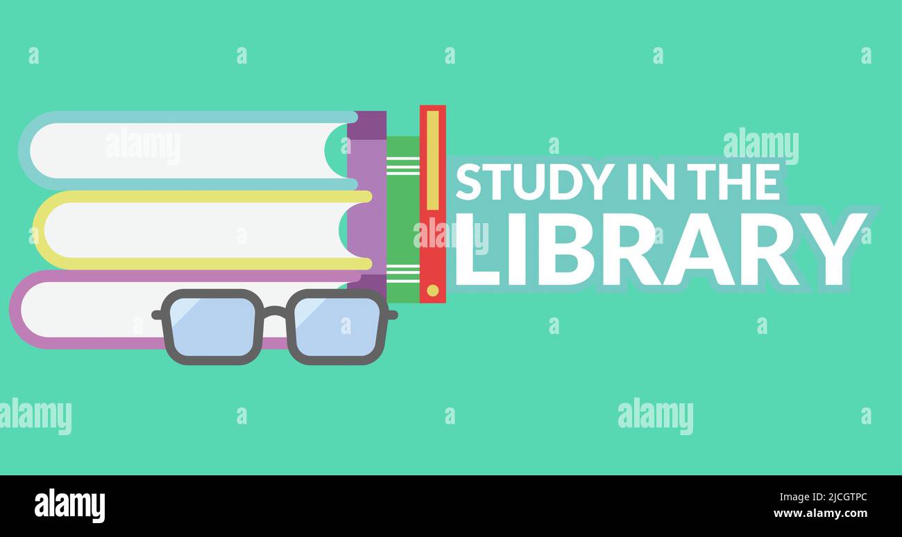 Illustration of books stacked with eyeglasses and study in the library ...