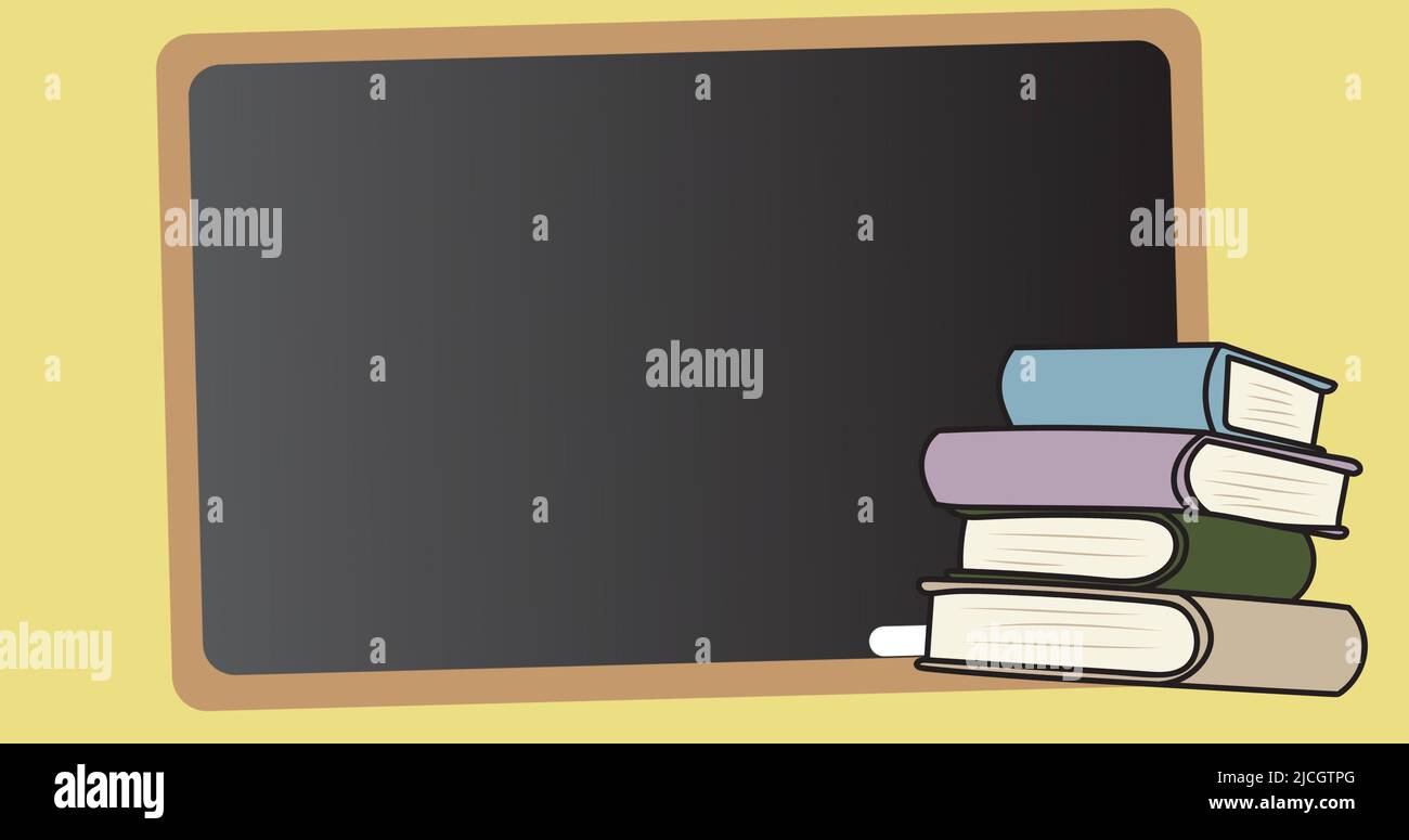 Illustrative image of writing slate with stack of books against yellow ...