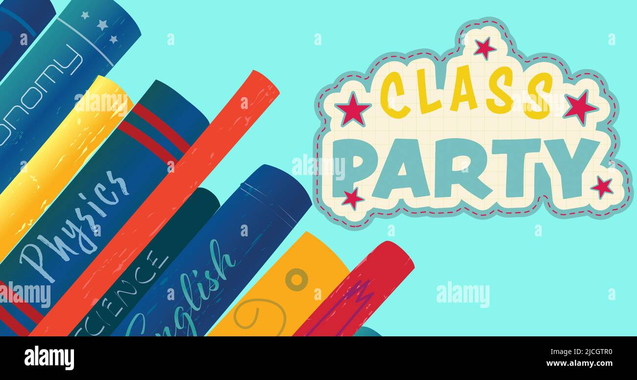 Illustration of class party text with various subjects textbooks over ...