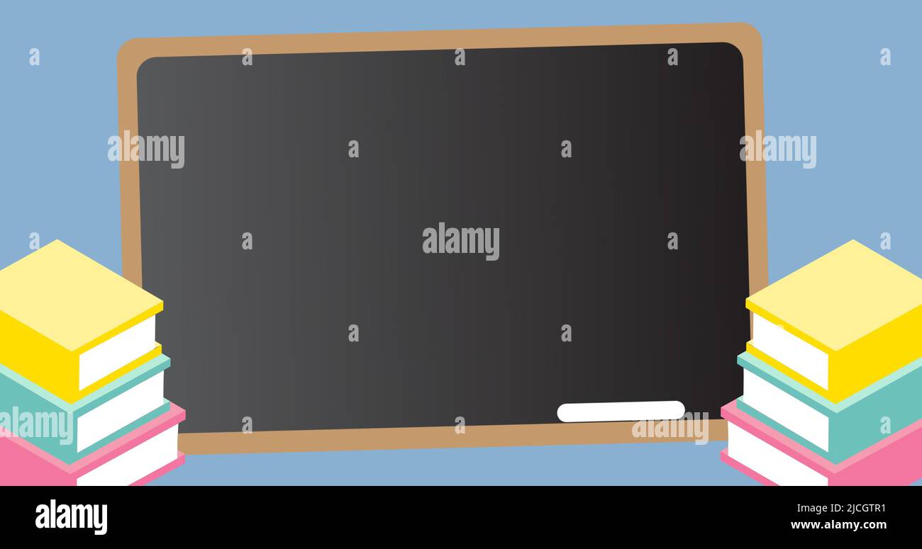 Illustration of blank writing slate with chalk and colorful books on ...