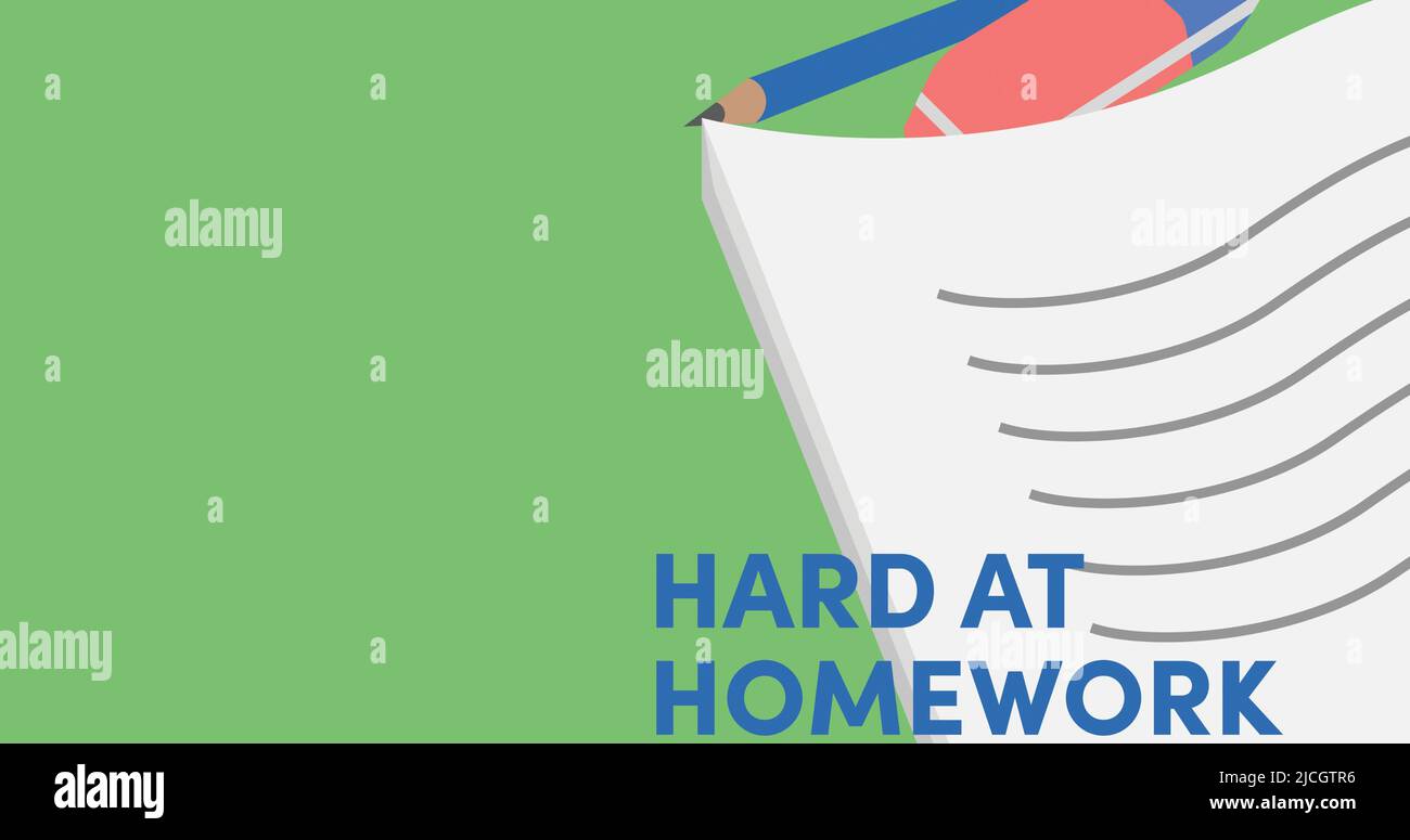 Illustration of book with pencil and eraser and hard at homework text ...
