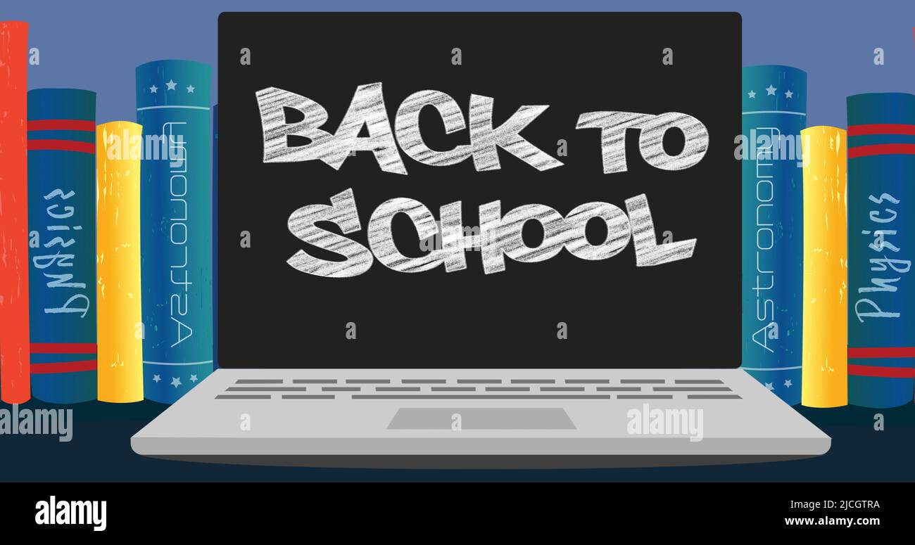 Illustrative image of various subjects textbooks and laptop with back ...