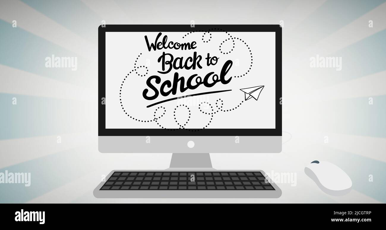 Illustration of welcome back to school text and paper plane on computer ...