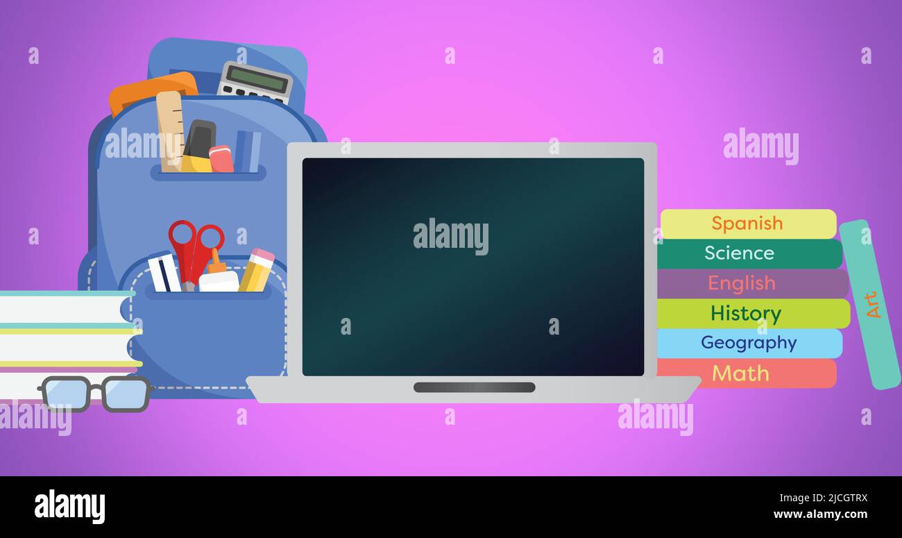 Illustration of laptop with various subjects textbooks and school ...