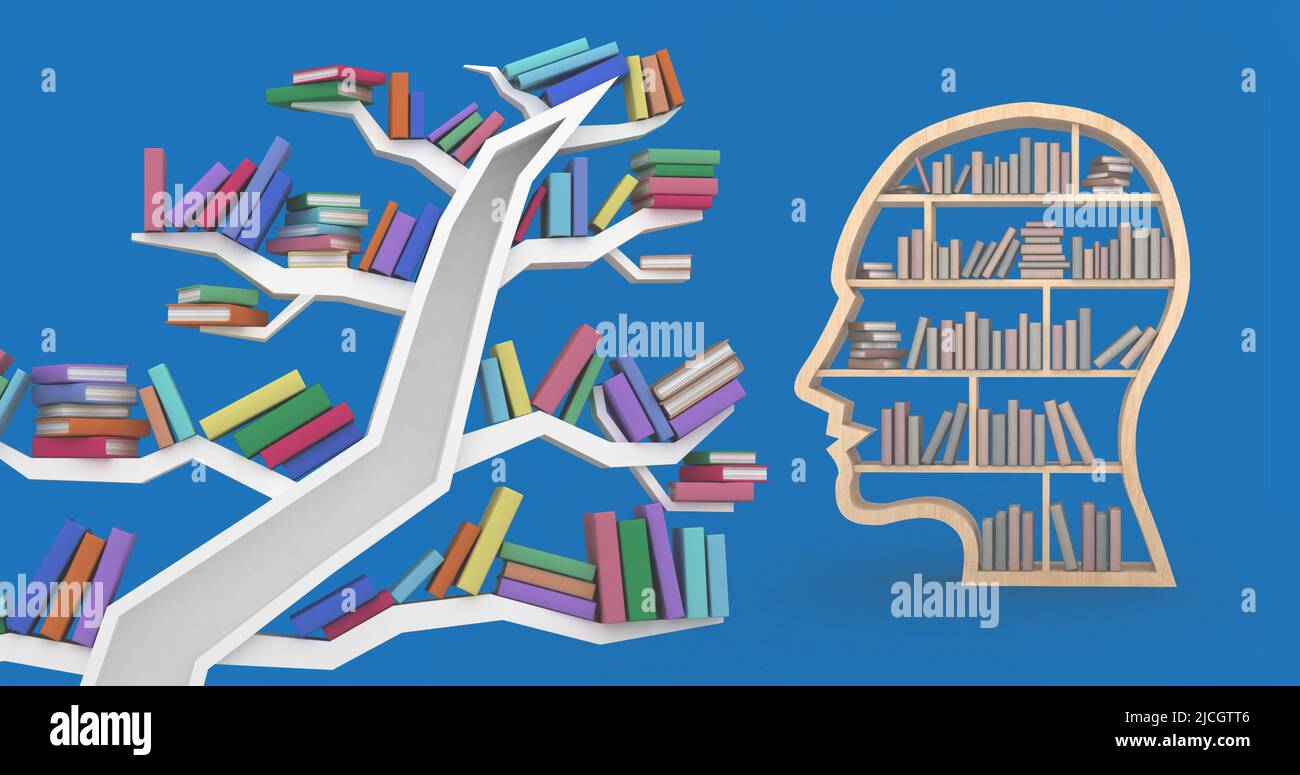 Illustration of tree shaped book shelves and human face with books ...