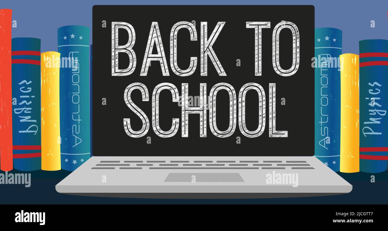 Illustration of laptop with back to school text on screen and various ...
