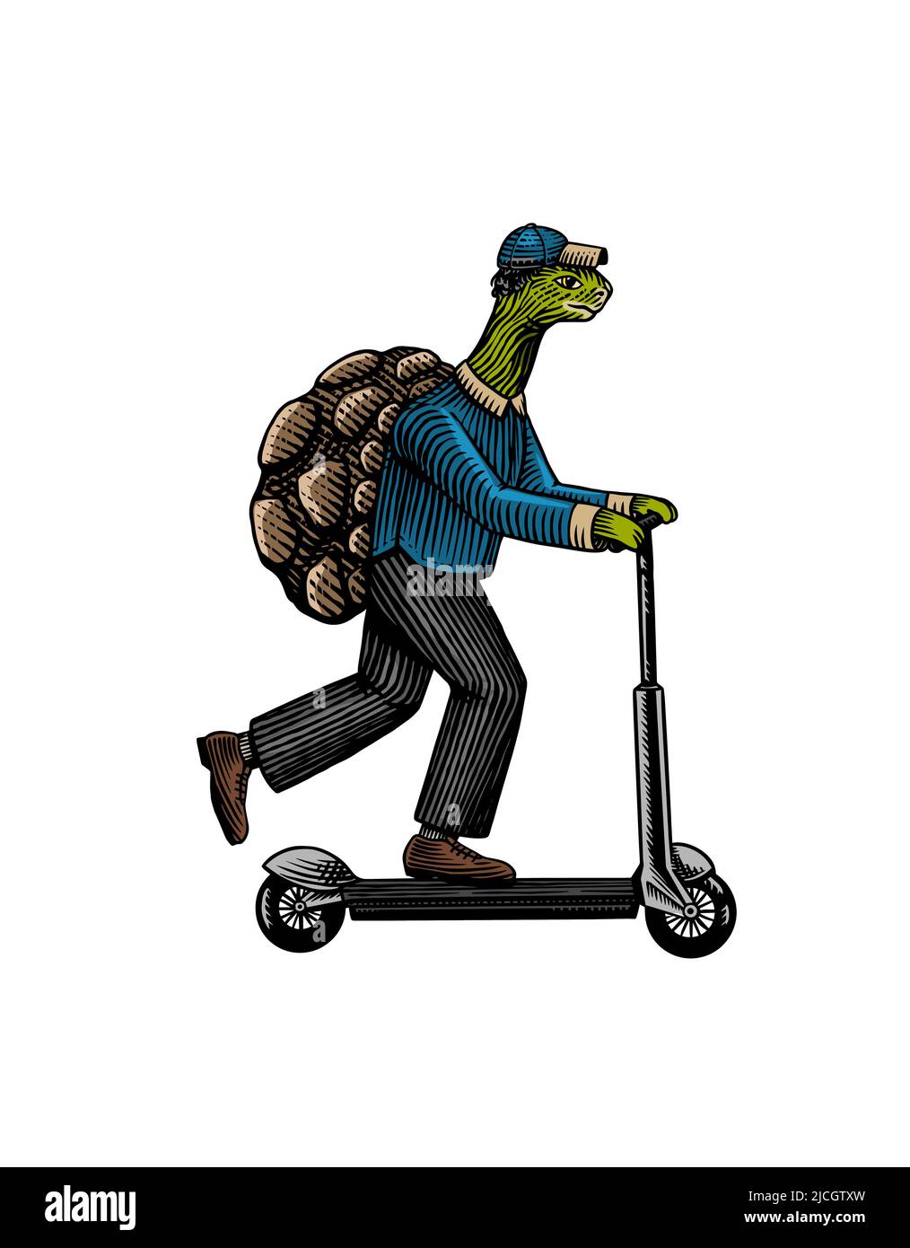 A turtle man in a suit rides a scooter. Food delivery man. Fashion ...