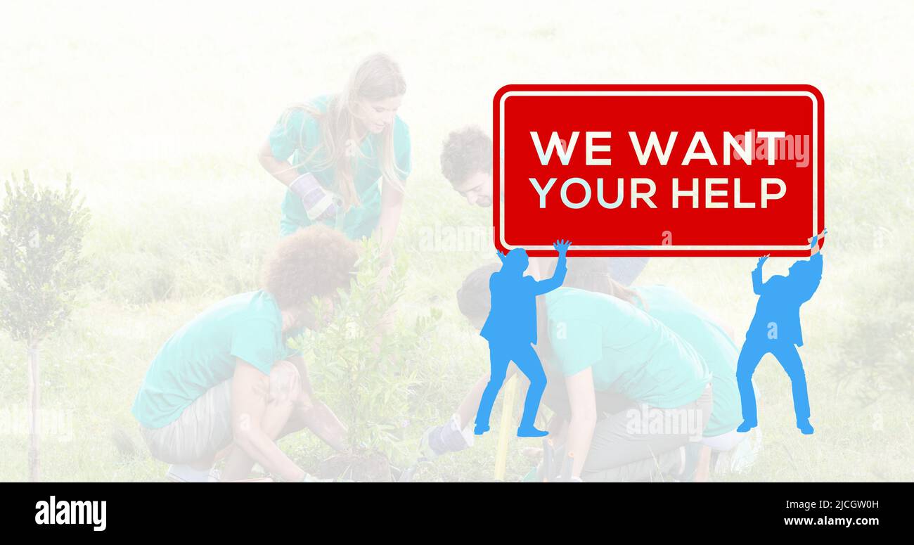 Multiracial volunteers planting tree and illustration of people with we ...