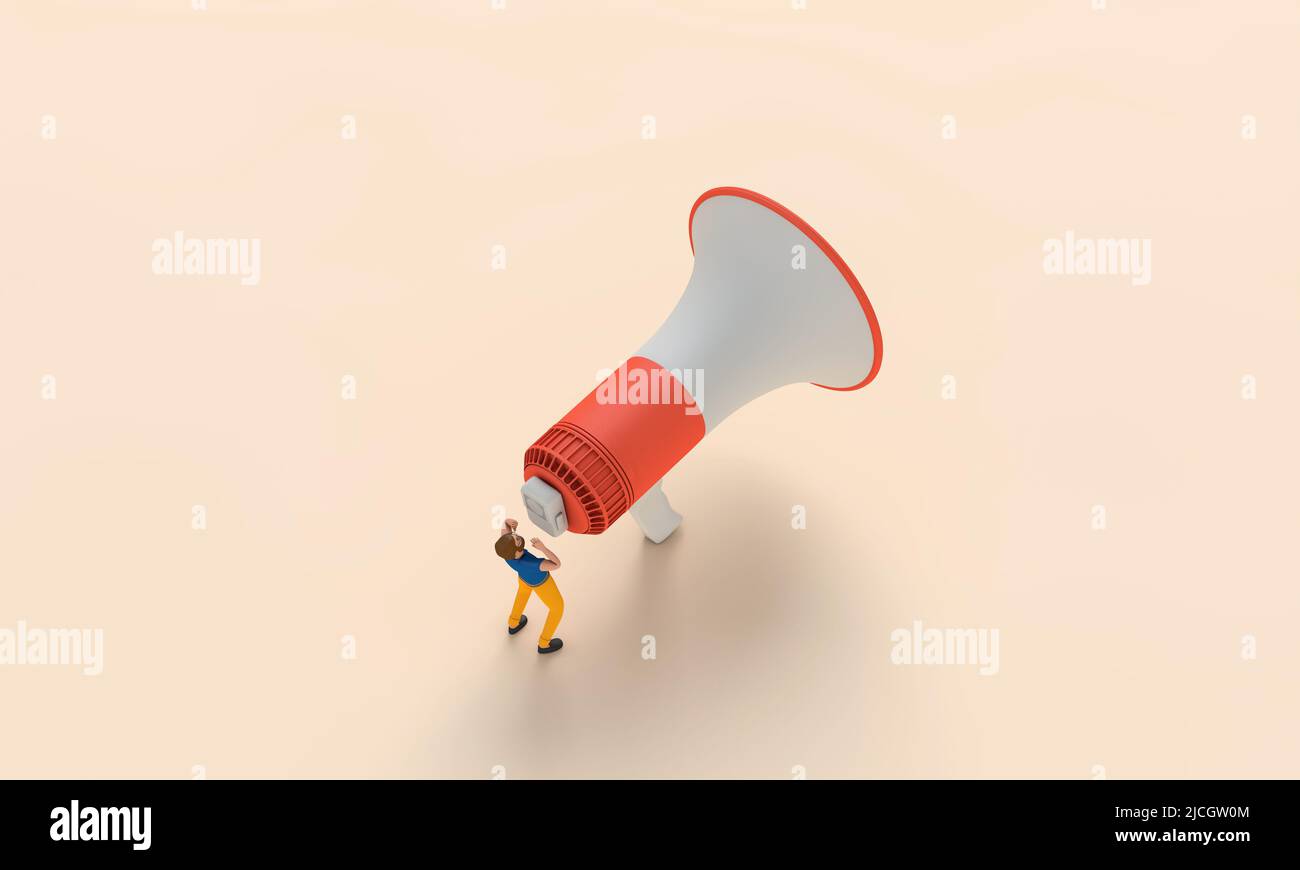 Male character using a megaphone. Business announcement. 3D Rendering ...