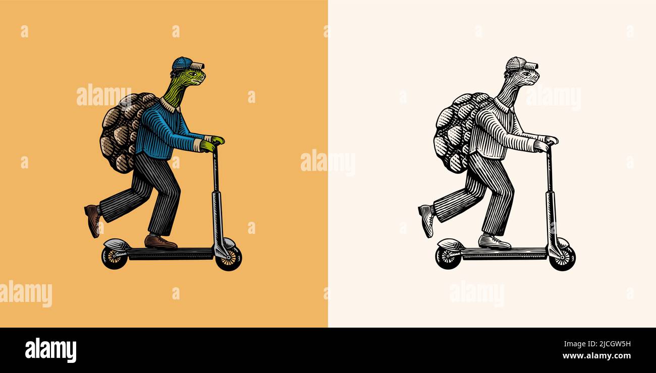 A turtle man in a suit rides a scooter. Food delivery man. Fashion ...