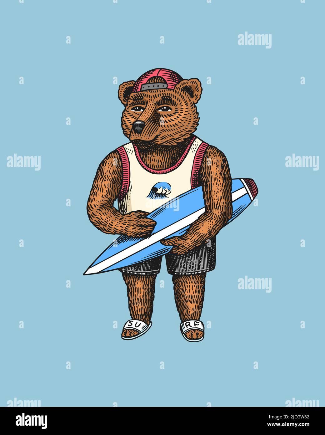 Bear in vintage costume. Surfer in a T-shirt and cap with a surfboard ...
