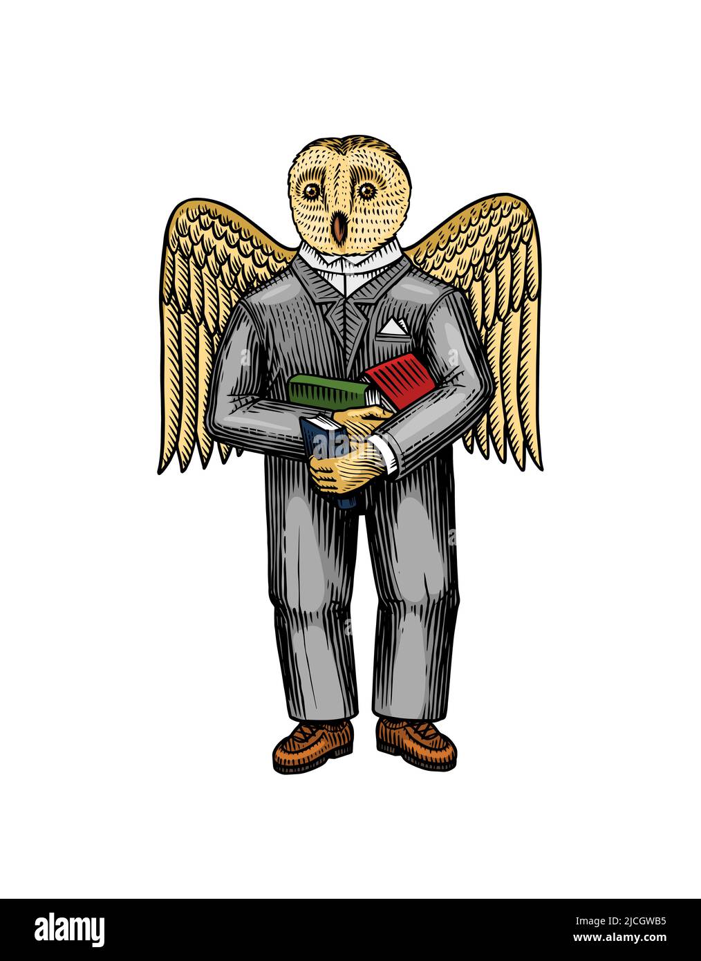 Owl man with large wings in a suit with books. Smart bird. Fashion ...