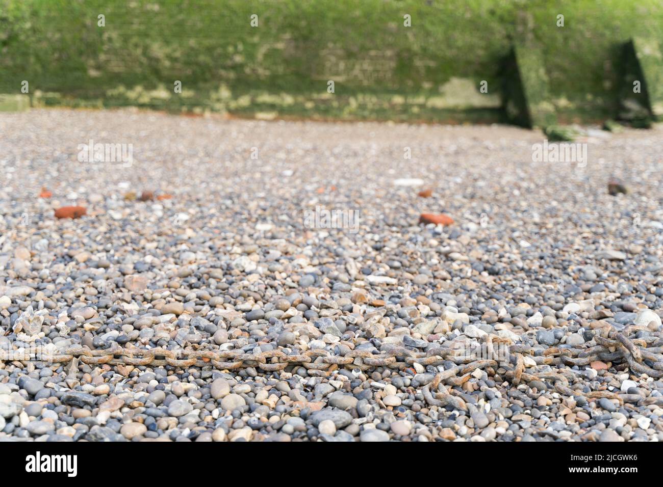 metal chain wriggle along Pebble beach at low tide in River Thames ...