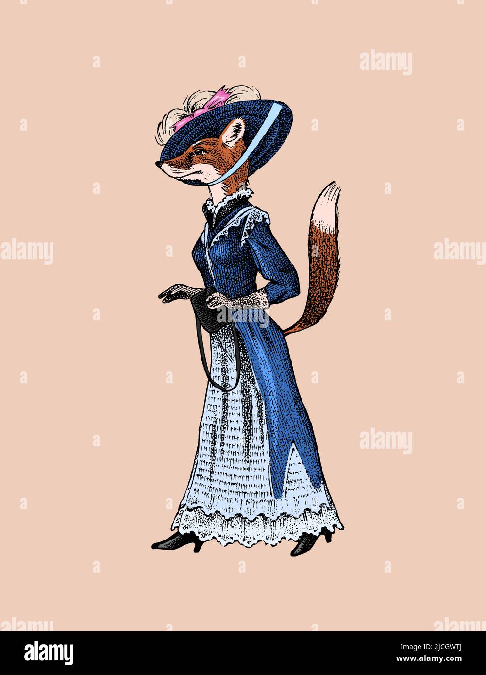 Fashionable fox in clothes. Antique lady. Victorian dame. Ancient Retro ...