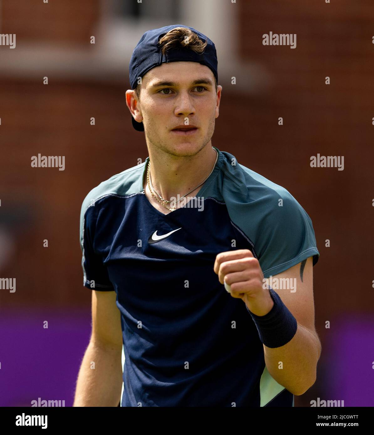 Jack Draper celebrates after winning his match on day one of the cinch ...