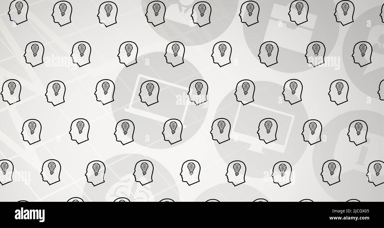 Illustration of human brain with light bulbs and scribbles against gray ...