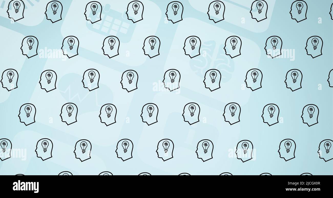 Illustration of human brain with light bulbs and scribbles over blue ...