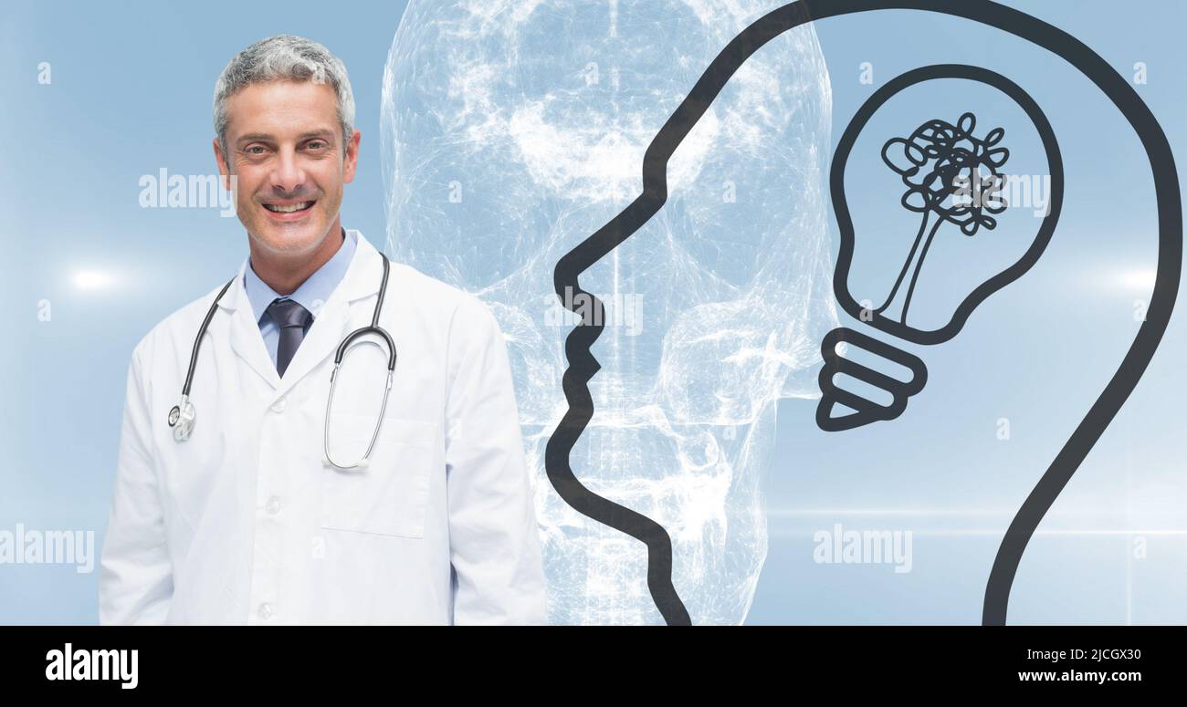 Composite of portrait of caucasian male doctor and human head with ...