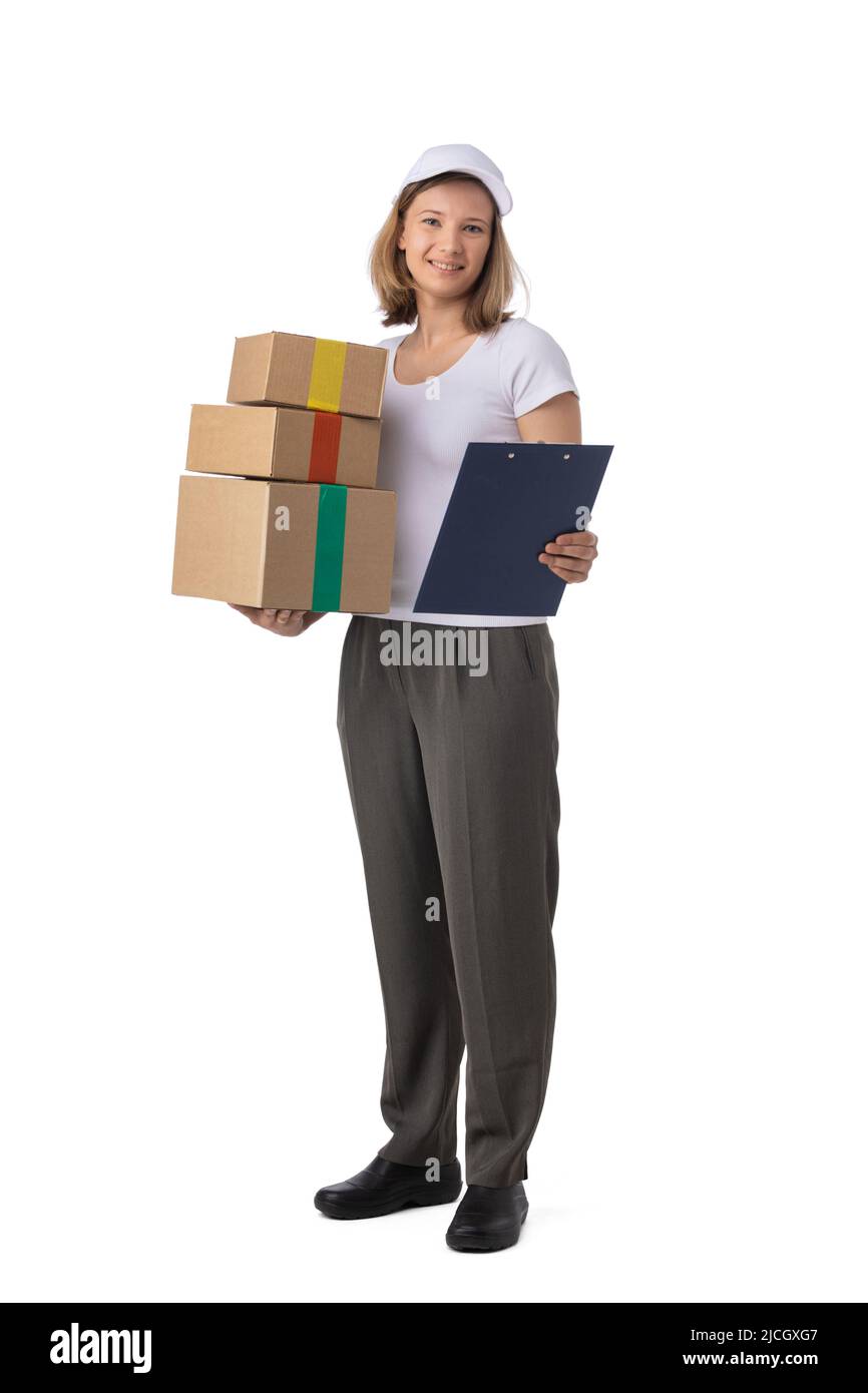 Portrait of delivery woman in white cap, t-shirt giving order boxes ...