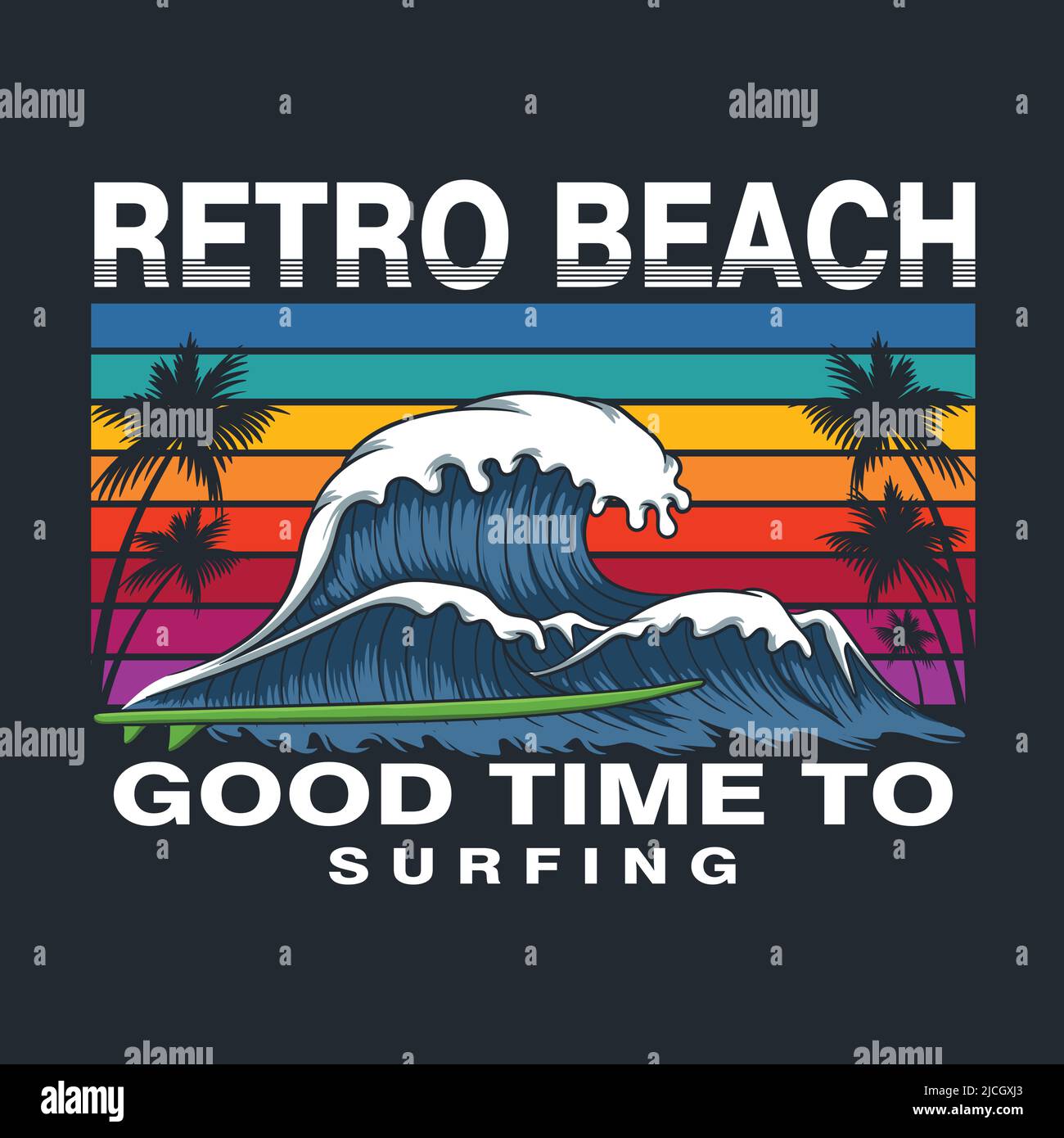 Retro beach sea waves surfing vector illustration Stock Vector Image ...