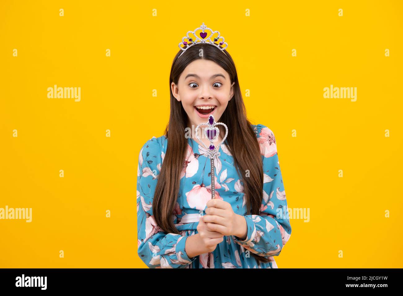 Excited face. Beautiful fairytale princess on yellow background ...