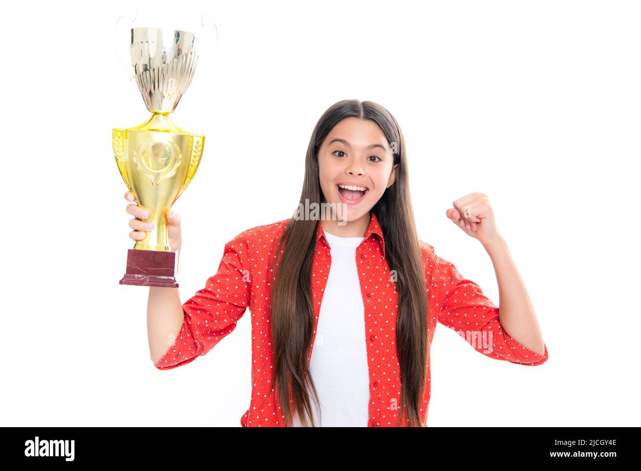 Teenage girl with win cup. Teen holding a trophy. Kid winner child won ...