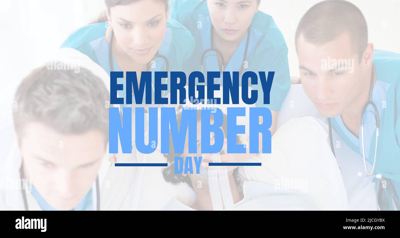 Digital composite image of emergency number day text with multiracial ...