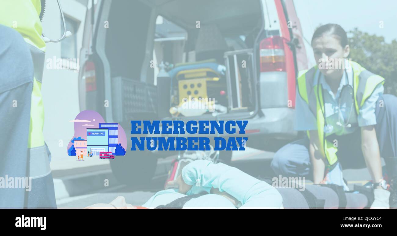 Digital composite image of caucasian female paramedic working with ...