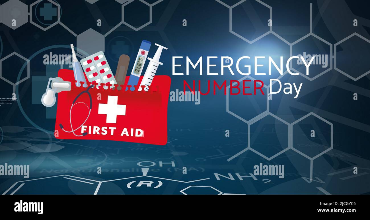 Illustration of emergency number day text and first aid kit, copy space ...