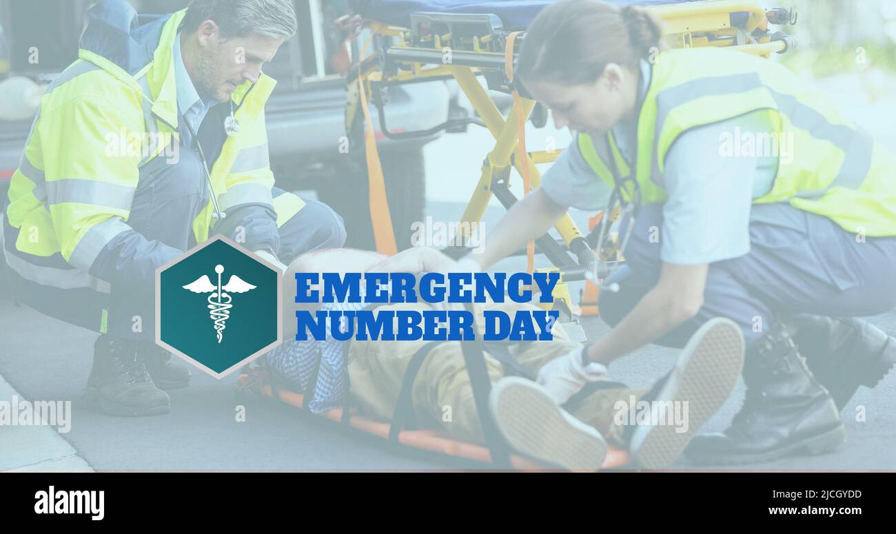 Digital composite image of caucasian paramedics helping man with ...