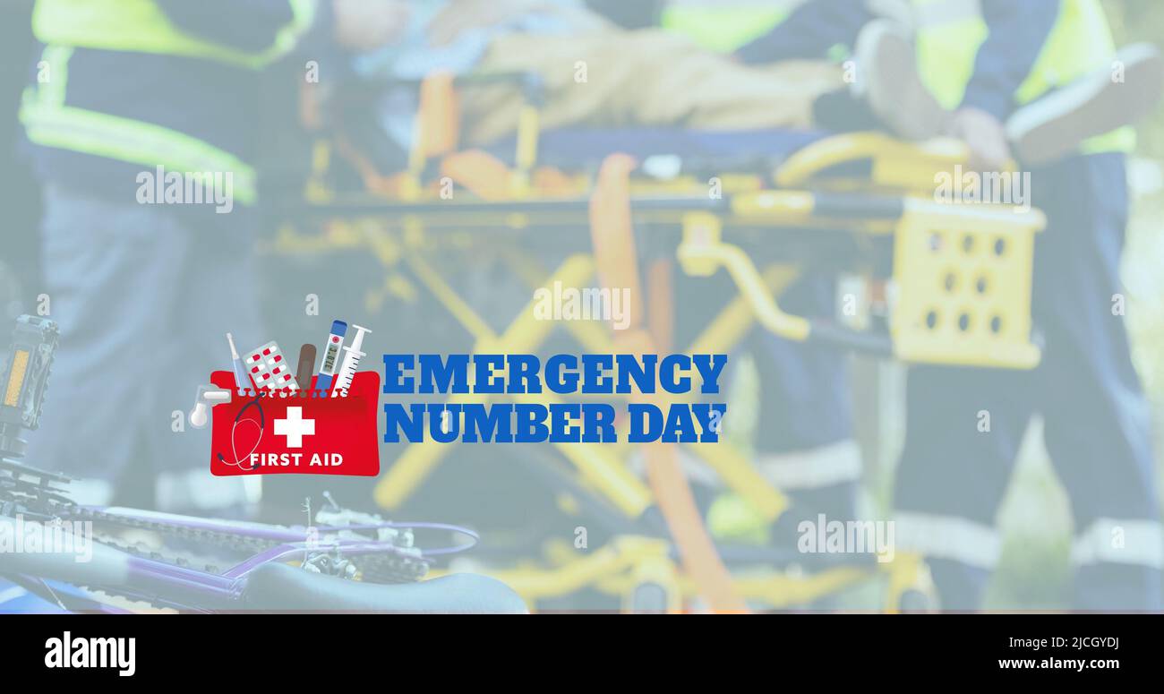 Digital composite image of emergency number day text with paramedics in ...