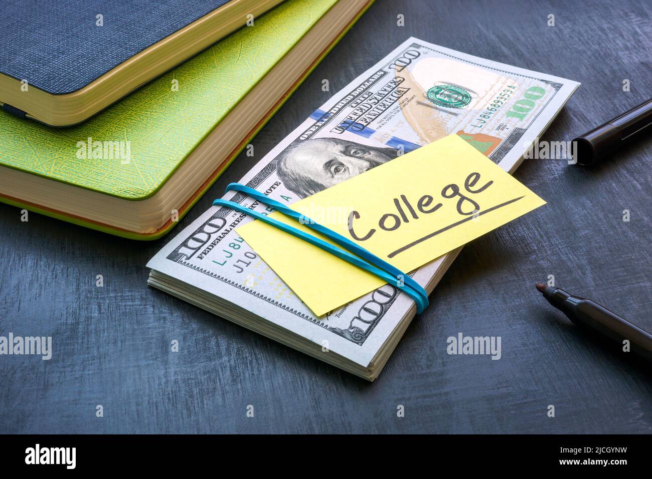 Bundle of money with the inscription college. Tuition payment Stock ...