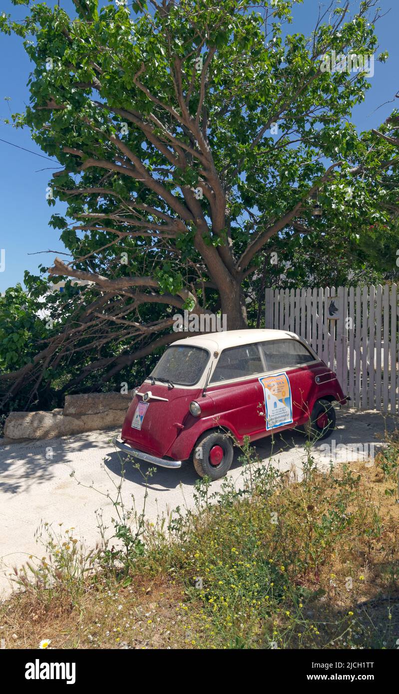 BMW Isetta 600, c 1958 vintage small car on Tilos island. Used as an ...