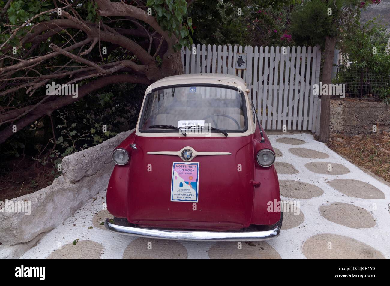 BMW Isetta 600, c 1958 vintage small car on Tilos island. Used as an ...