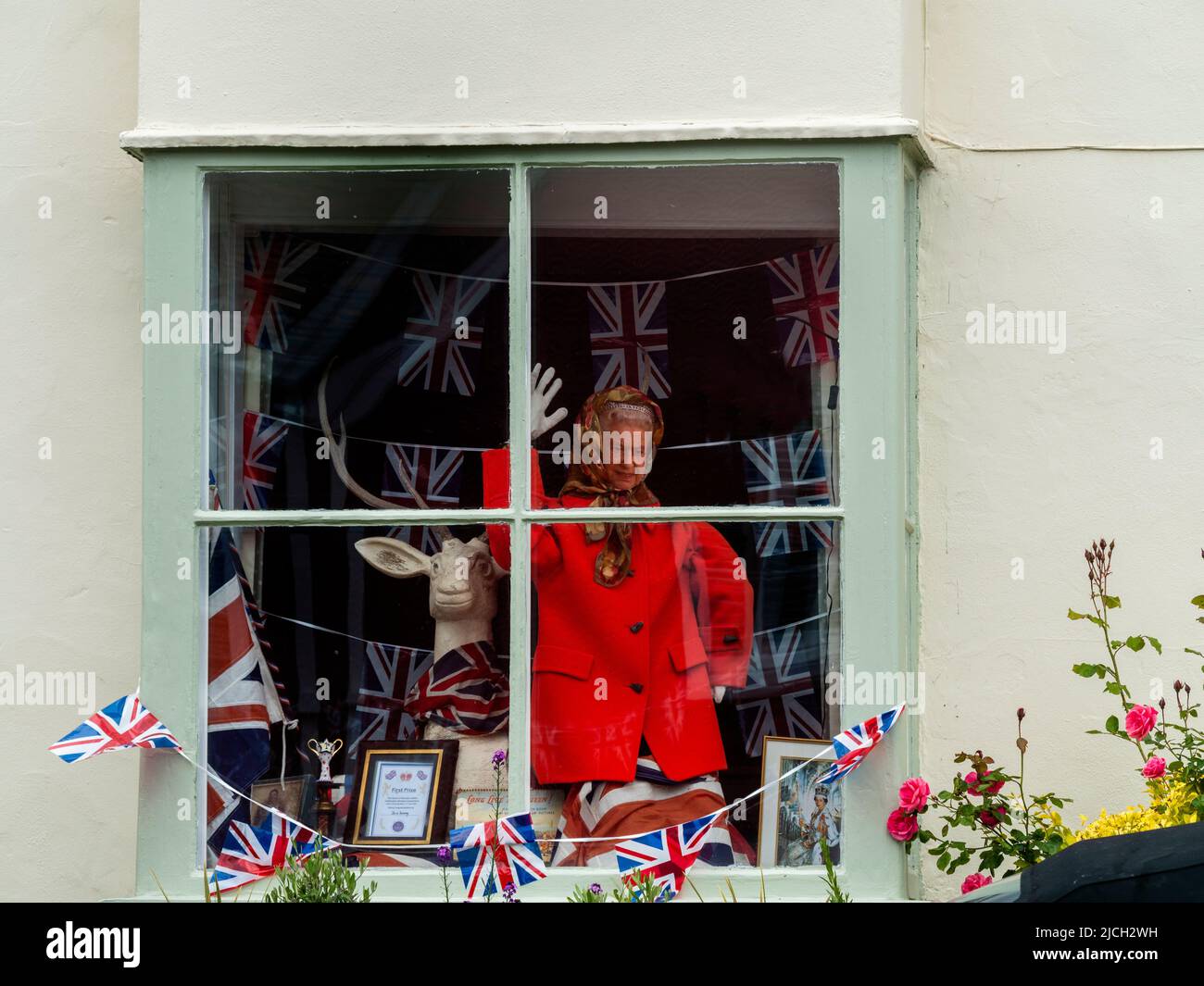 Great Bardfield, Braintree Essex UK, 3rd June 2022. Decorated window ...