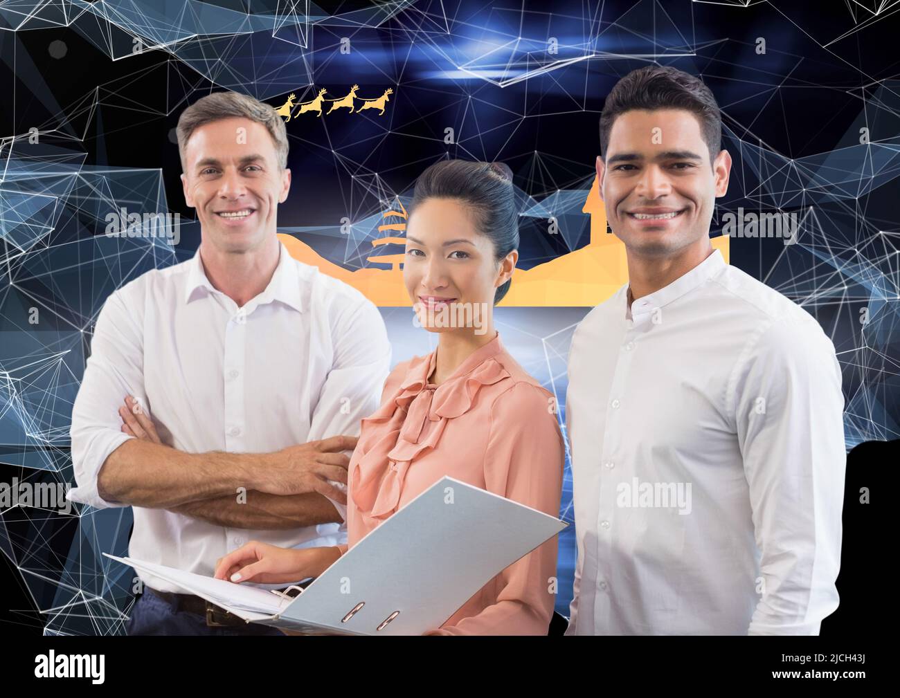 Diverse male and female office colleagues against network of ...